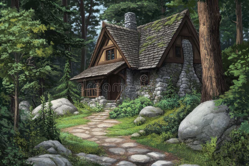 Charming Stone Cabin Nestled in Lush Forest with Rustic Path Stock ...