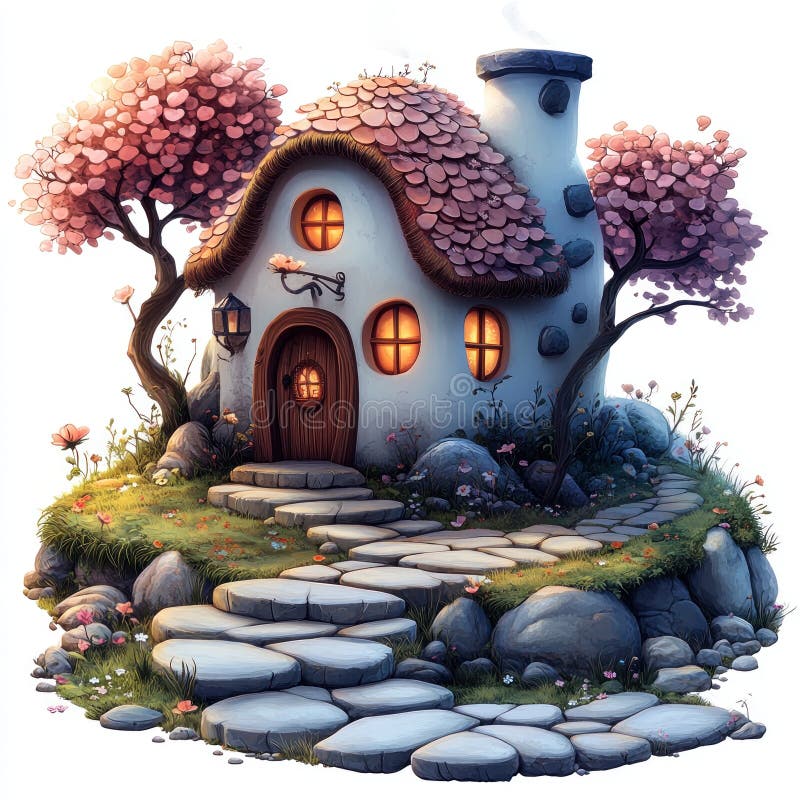Charming Stone Cottage with Blooming Trees Illustration Stock Photo ...