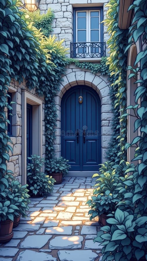 Charming Stone Courtyard with Lush Greenery and Blue Doors Stock Photo ...