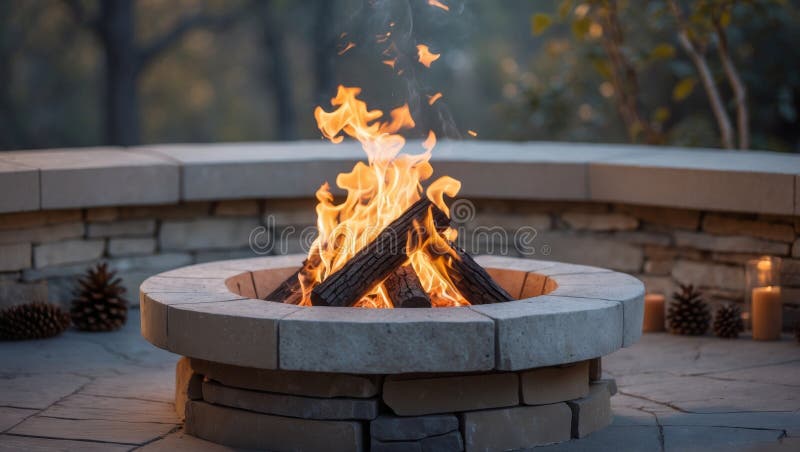 Charming Stone Fire Pit with a Warm and Cozy Fire Stock Photo - Image ...