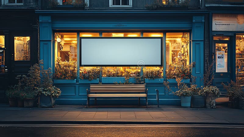 Charming Storefront with Empty Sign and Bench, Warm Evening Glow Stock ...