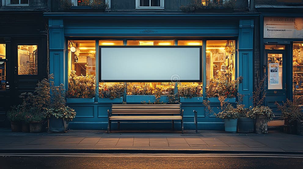 Charming Storefront with Empty Sign and Bench, Warm Evening Glow Stock ...