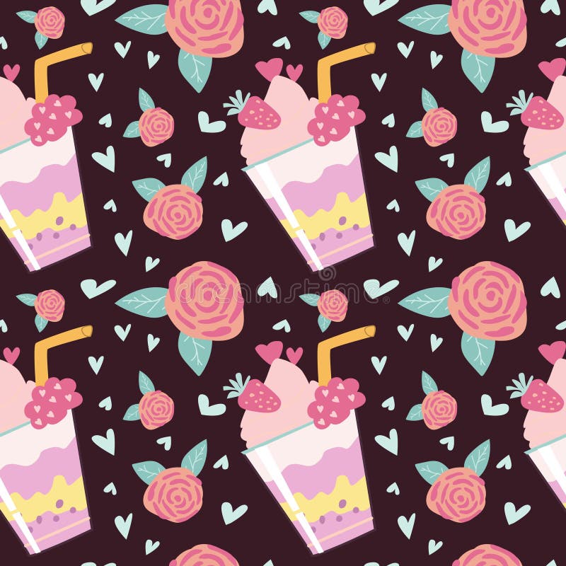 Charming Strawberry Milkshake and Floral Pattern on Dark Background ...