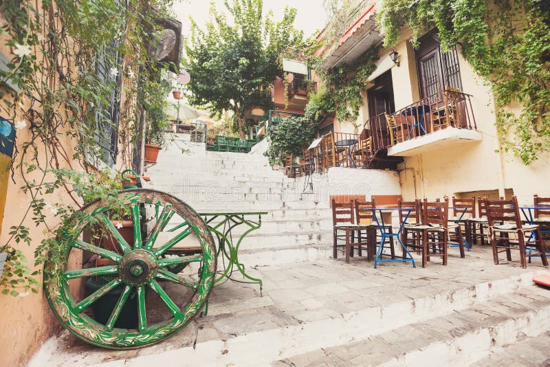 Charming Street in the Old District of Plaka in Athens, Greece Stock ...