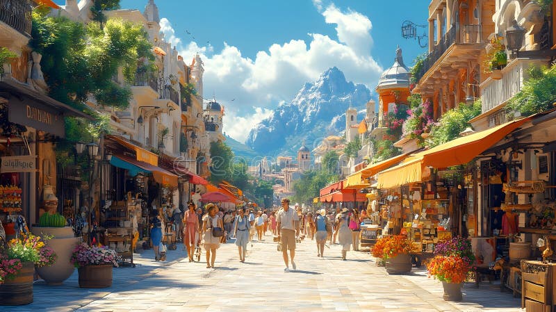 Charming Street Scene Illustration with Mountain View Stock Image ...