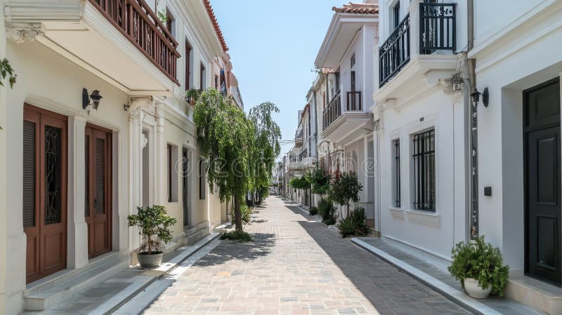 Charming Streetscape White Buildings Winding Cobblestone Path with ...