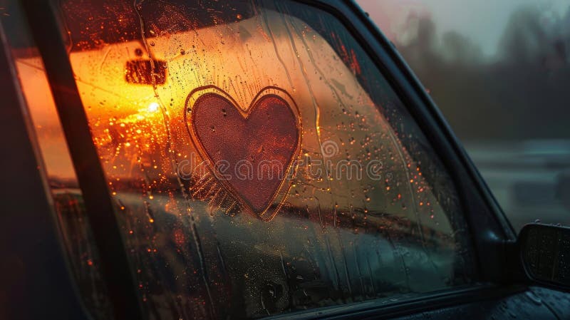 Charming Sunset Reflection on Car Window with Heart Doodle, Evoking ...
