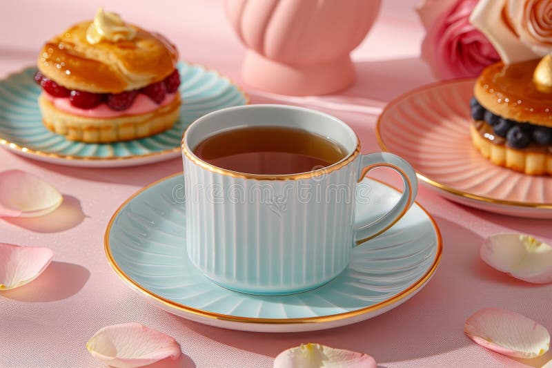 Charming Tea Arrangement with Pastel Cups, Assorted Desserts, and Rose ...