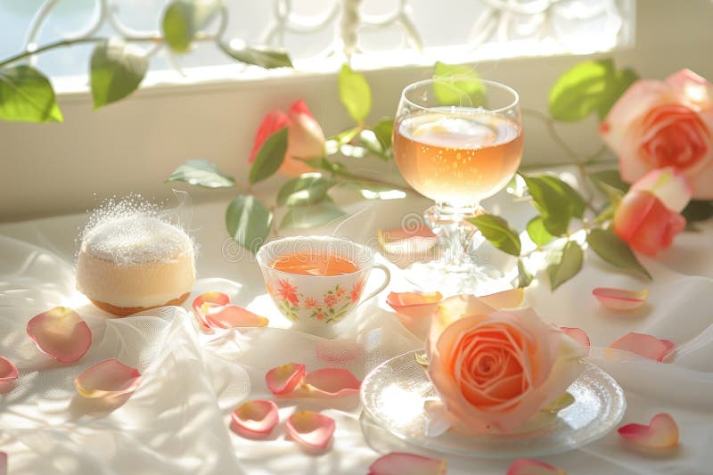 Charming Tea Setting with Pastel Cups, Desserts, and Rose Petals in a ...