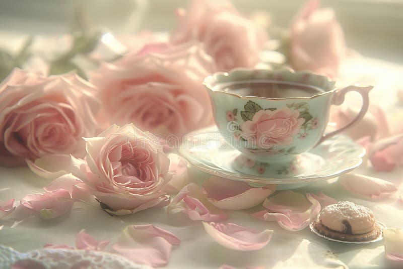 Charming Tea Setting with Pastel Cups, Desserts, and Rose Petals in a ...