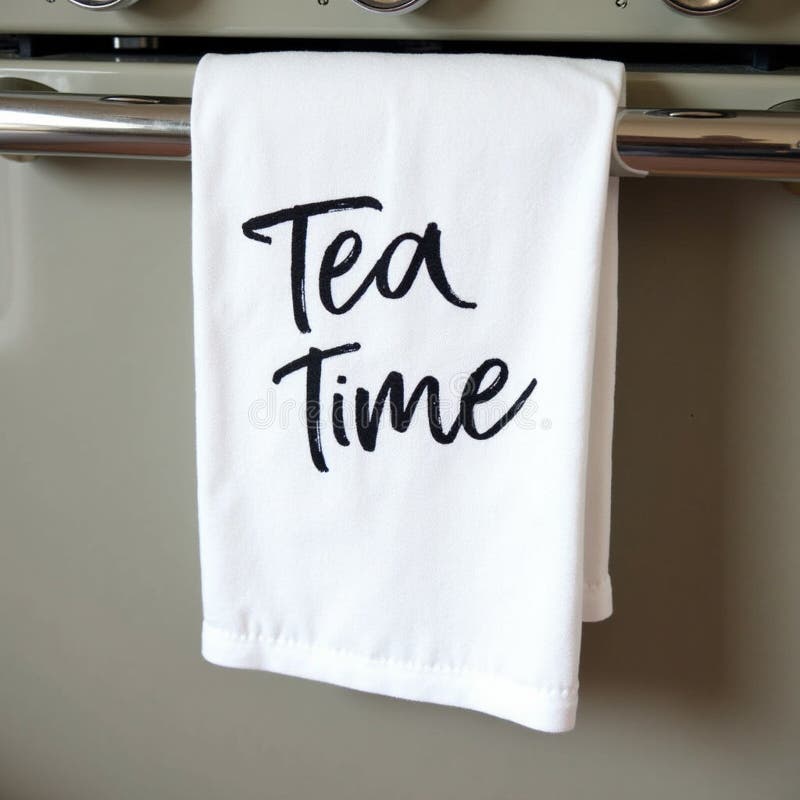 Charming Tea Time Tea Towel Hanging on Oven Handle Stock Illustration ...