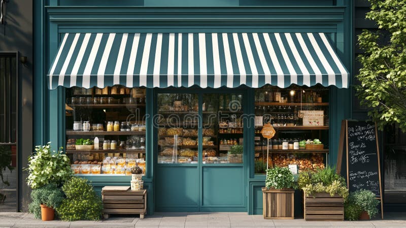 Charming Teal Storefront with Striped Awning and Display Windows Stock ...