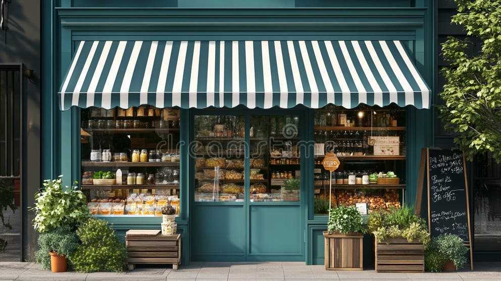 Charming Teal Storefront with Striped Awning and Display Windows Stock ...