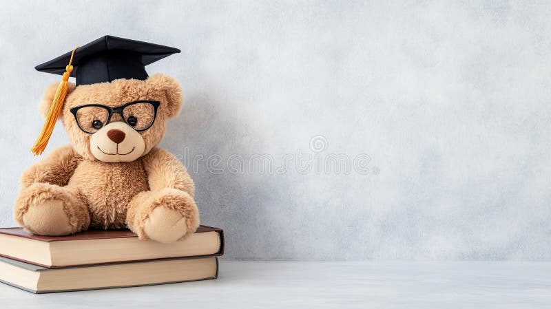 A Charming Teddy Bear Dons Glasses and a Graduation Cap, Perched Atop a Stack of Books ...