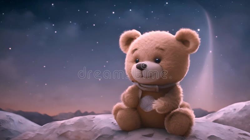 A Charming Teddy Bear Sits on a Lunar Surface with a Dreamy Cosmic ...