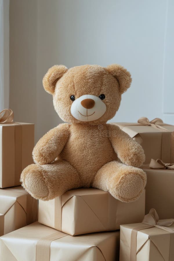 A Soft Teddy Bear Sits among Beautifully Wrapped Gift Boxes on a Simple ...
