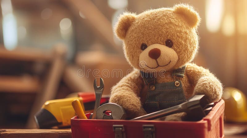 Cute Teddy Bear Working with Tools in a Bright Workshop Setting ...