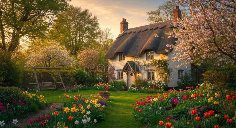 Charming Thatched Cottage Garden at Sunset Stock Illustration ...