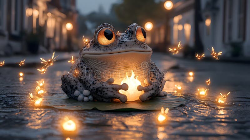 Charming Toad with Glowing Light on Wet Cobblestone Street at Night ...
