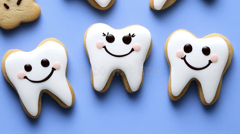 Charming Tooth Cookies with Icing Faces and Smiles on Light Blue ...