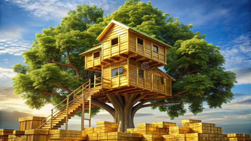 A Charming Tree House Constructed from Gold Bars Surrounded by Lush ...
