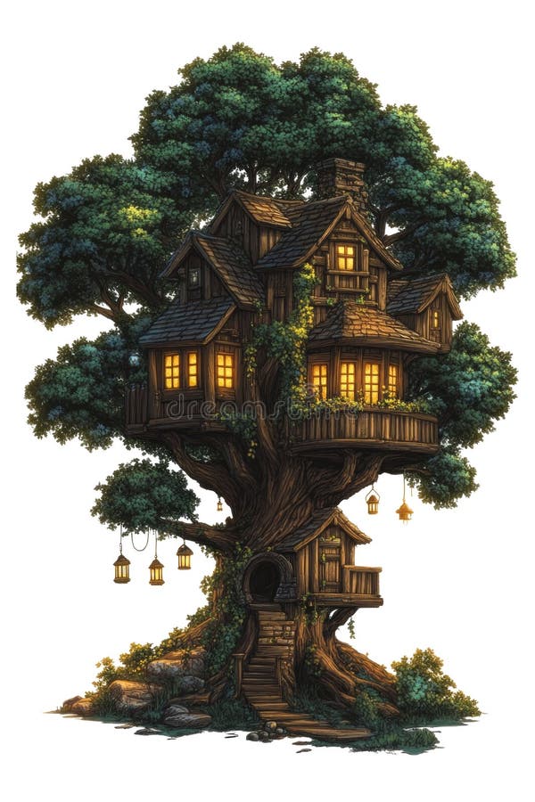 A Charming Treehouse Built into a Large Oak Tree Features Multiple ...