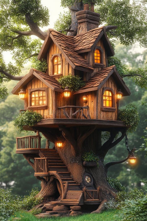 A Charming Treehouse Built from Wood Features Multiple Windows, Warm ...