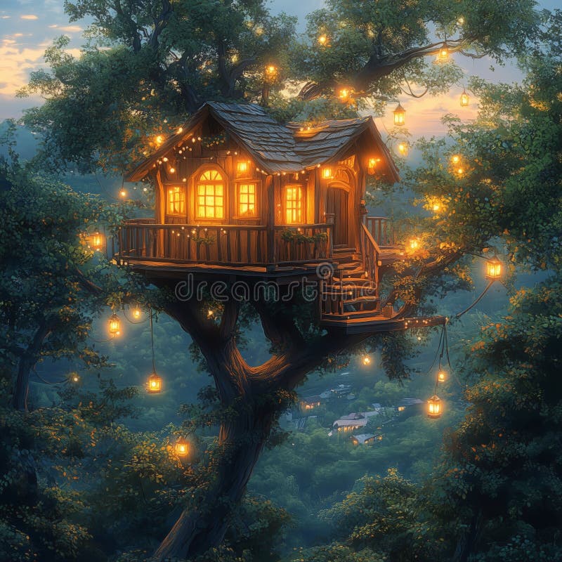 Cozy Treehouse Illuminated by Lantern Lights Stock Photo - Image of ...