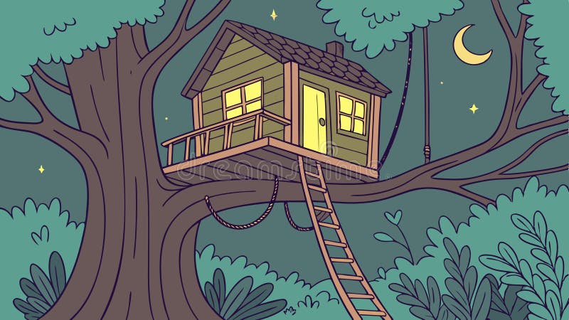 A Charming Treehouse Illustration with a Glowing Window Under the Moon ...