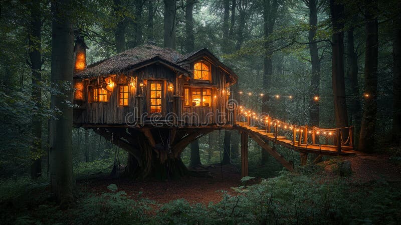 Charming Treehouse Nestled in Dense Forest, Illuminated by Warm Lights ...