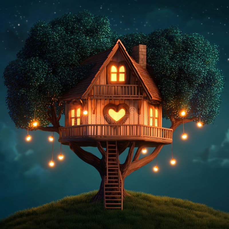 Enchanting Treehouse at Night Heart Window Magical Fairy Tale Home AI ...