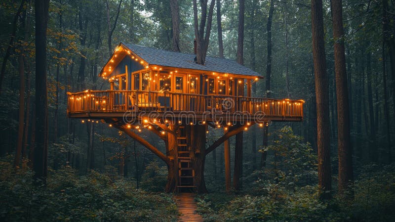 Charming Treehouse Nestled in Lush Forest, Illuminated by Warm String ...