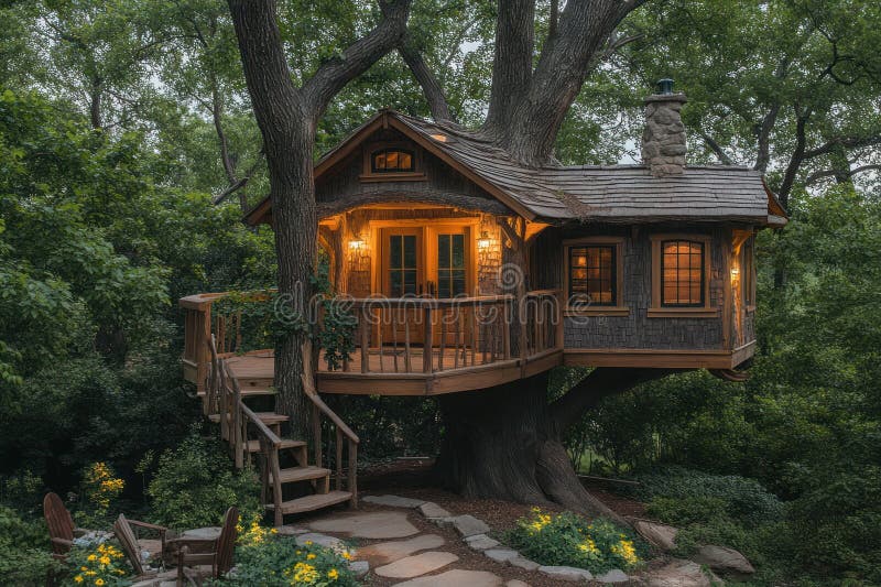 A Charming Treehouse with Windows and a Small Porch Stock Illustration ...