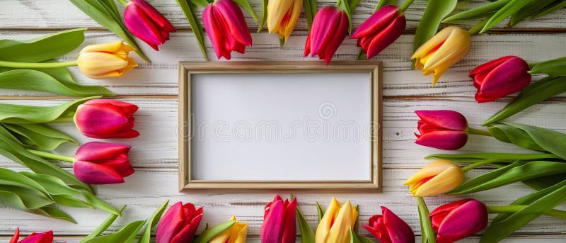 Charming Tulips Encircle a Blank Frame on White Wood Backdrop Stock ...