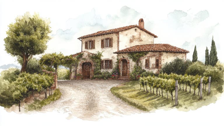 Charming Tuscan Villa Amidst Rustic Vineyard Landscape Stock Illustration - Illustration of ...