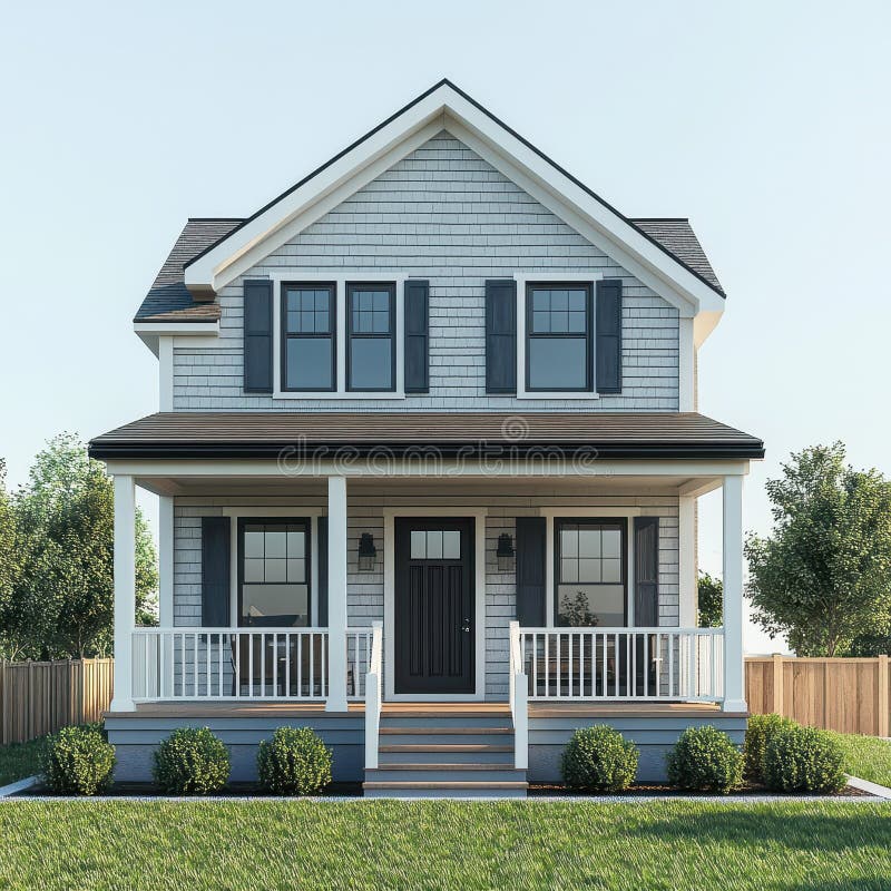 Charming TwoStory House with Porch and Grey Siding Stock Illustration ...