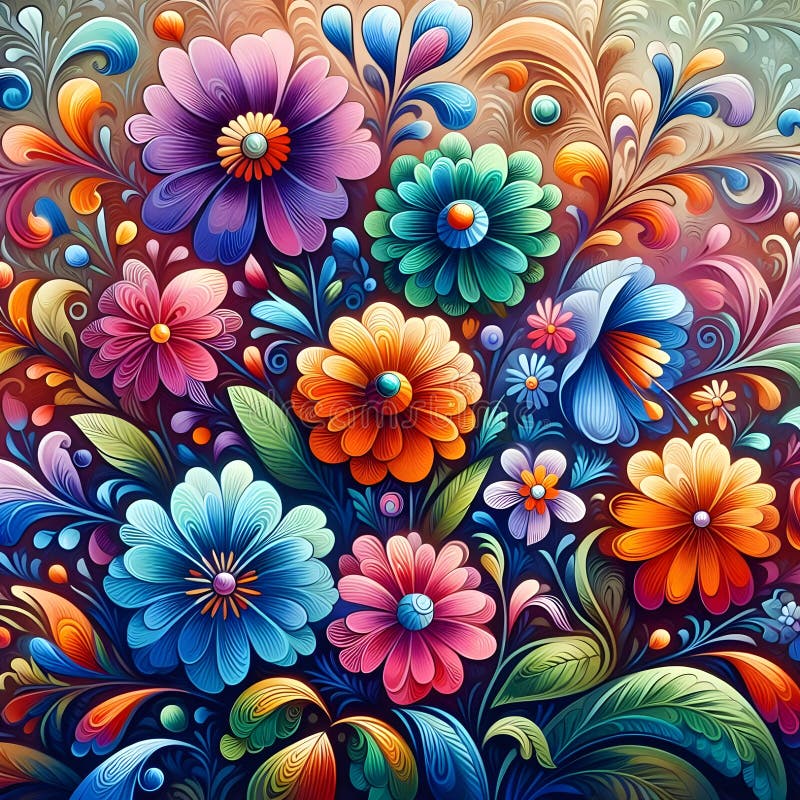 Charming and Unusual Folk Art Paintings Presenting a Group of Flowers ...