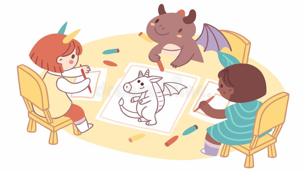 Children Drawing at Table, Creativity, Play, Arts and Crafts, Vector ...