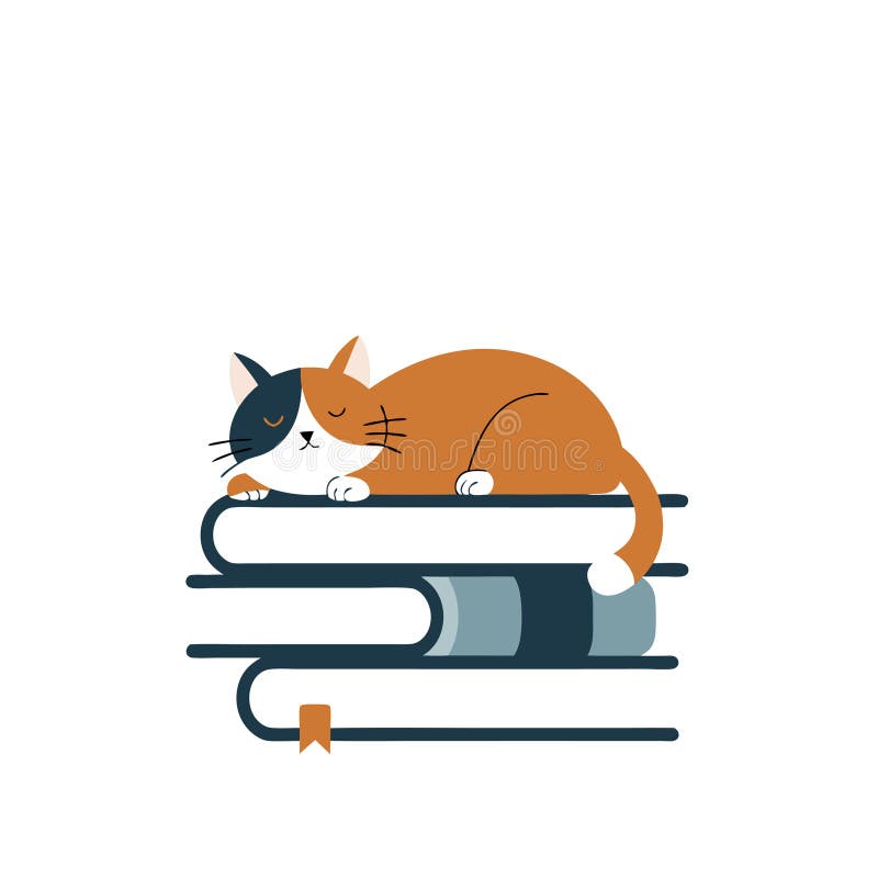 Relaxing Cat Sleeping Peacefully on Stack of Books Vector Illustration Stock Illustration ...