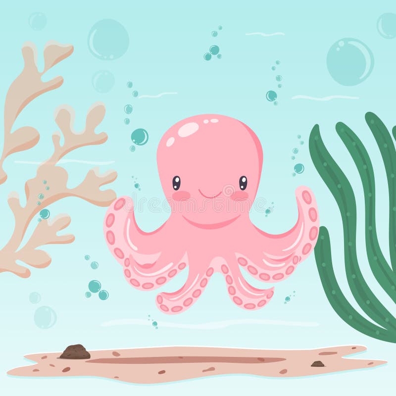 Cute Pink Octopus Smiling Underwater, Vector Illustration Stock ...