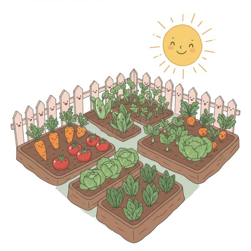 Charming Vegetable Garden Illustration with Happy Sun Stock ...