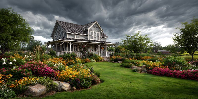 Charming Victorian Home in a Lush Garden Under Dramatic Skies Stock ...