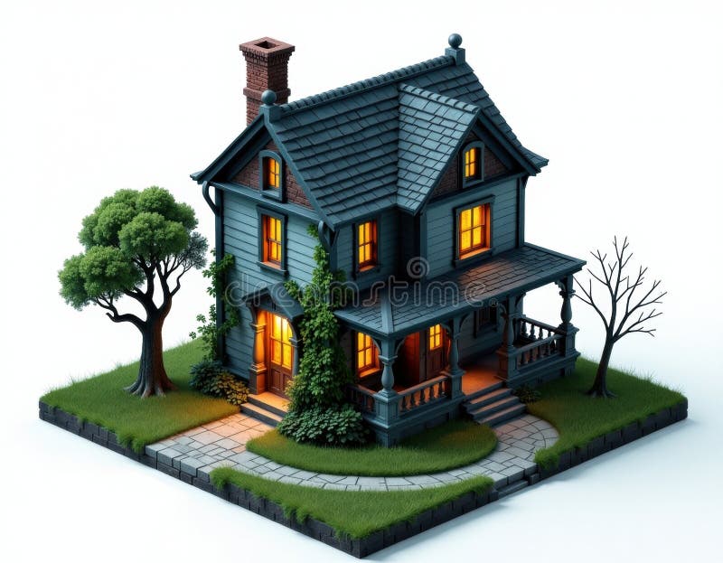 Charming Victorian House at Night, 3D Render, Cozy Home Exterior Stock ...