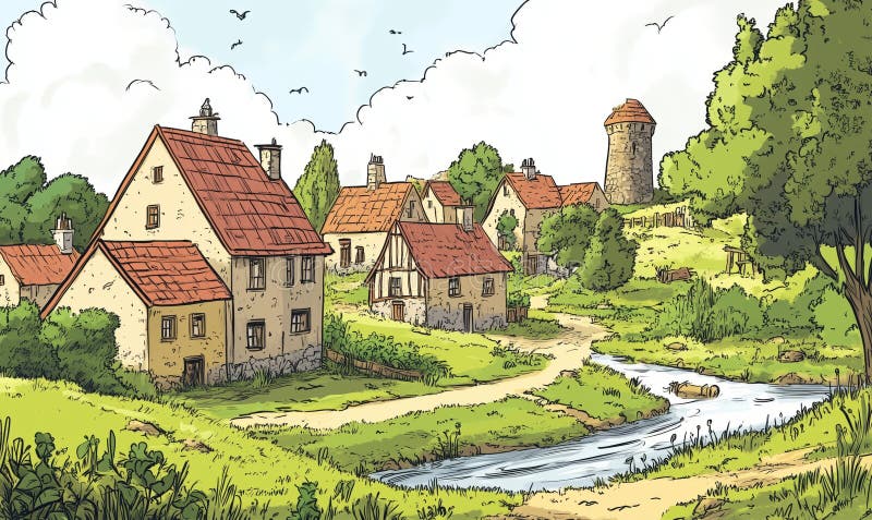 Charming Village Landscape with Houses, River, and Tower Stock Photo ...