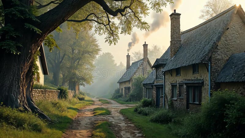 A Charming Village Pathway at Dawn Surrounded by Idyllic Cottages Stock ...