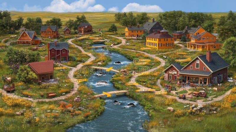 Charming Village River Walk Map Stock Illustration - Illustration of ...