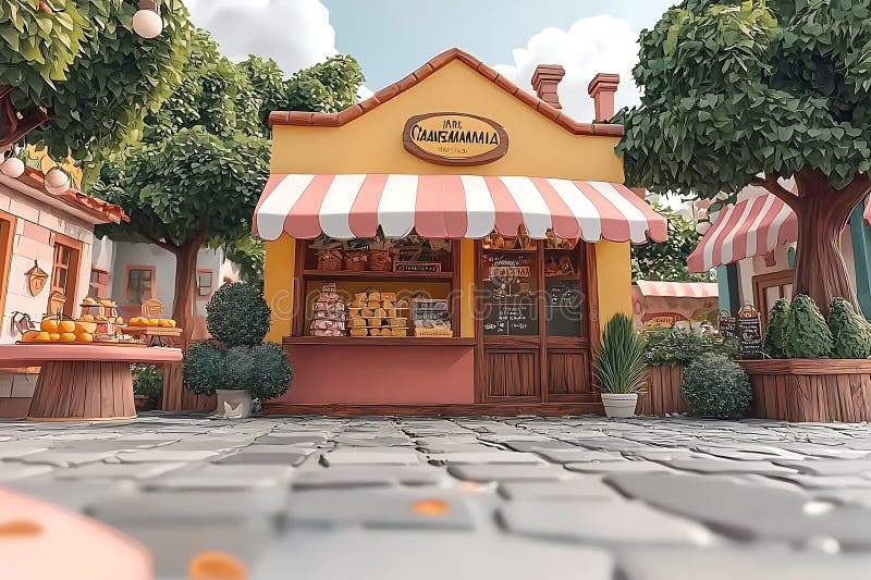 Charming Village Shopfront Cobblestone Street Stock Illustration ...