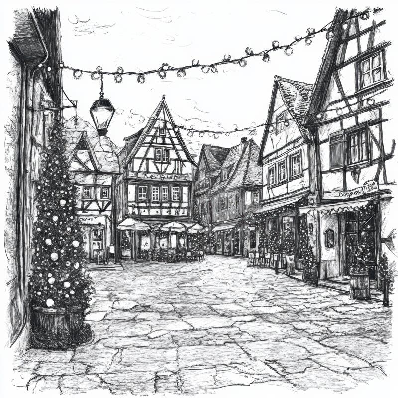 Charming Village Square with Festive Decorations and Quaint ...