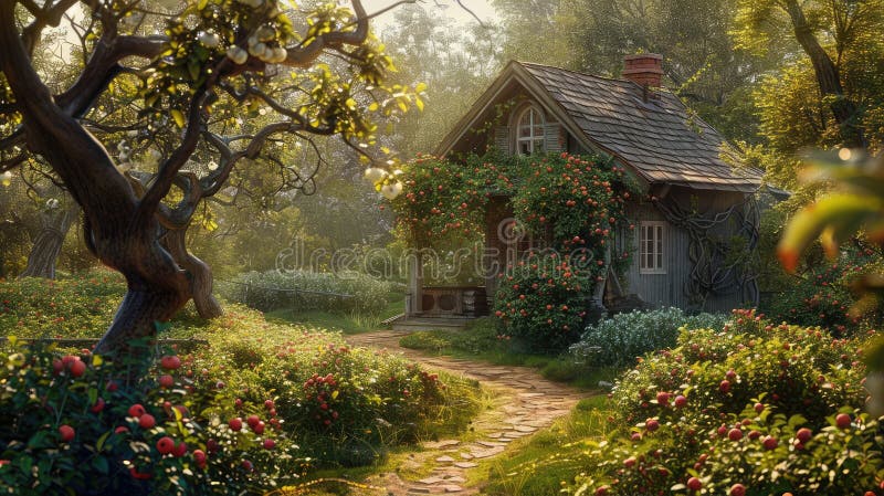 Charming Countryside Orchard Cottage Generated by AI Stock Illustration ...