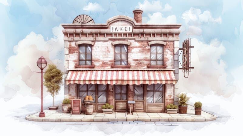 Charming Vintage Bakery Shop with Rustic Facade, Striped Awning, and ...